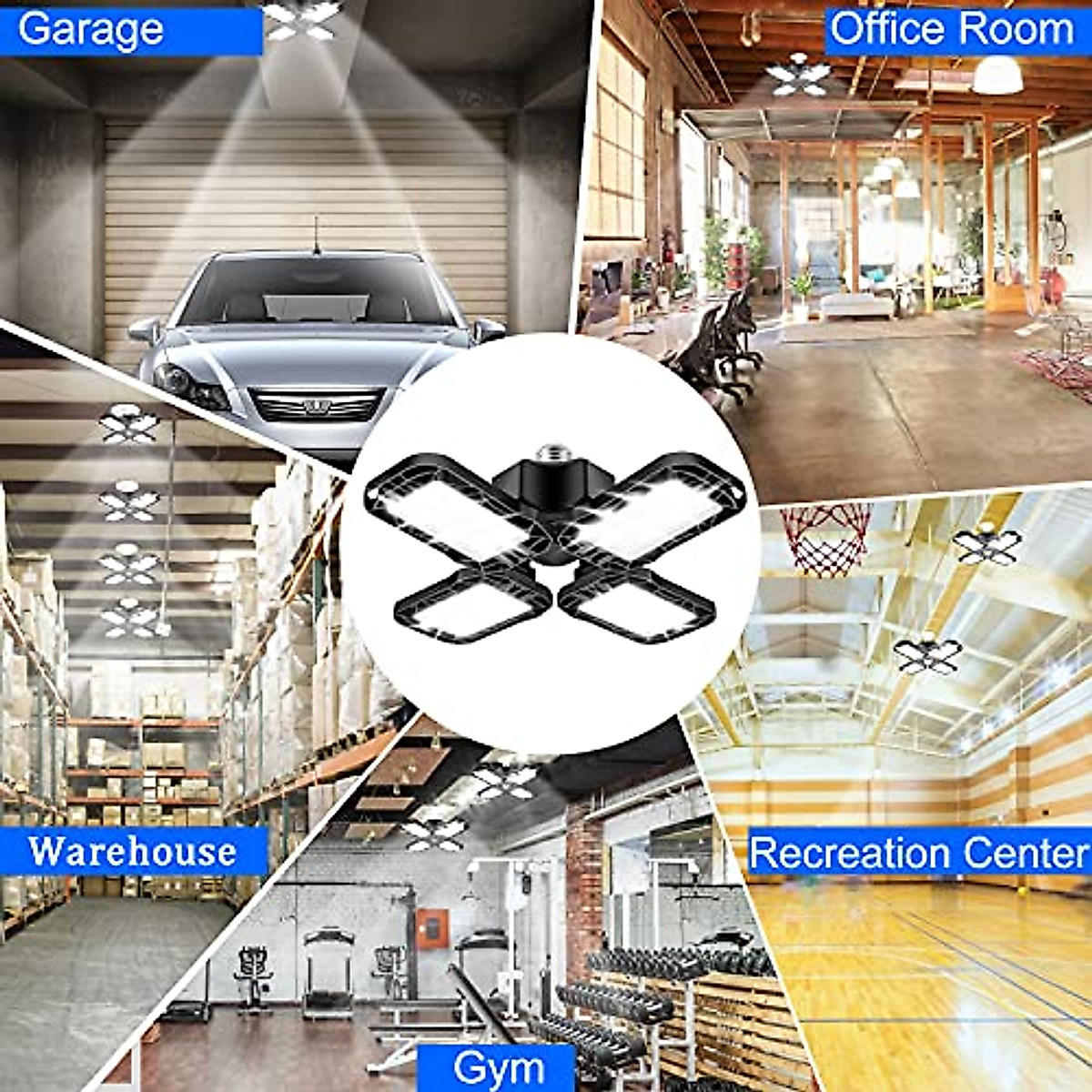 1LED Garage Lights 2 Pack/60W/6500k/4 Panels, Porcelain Base, 4 Adjustable Panels, 12000LM High Lumen Output Super Bright LED Bulb, E26/E27 Compatible