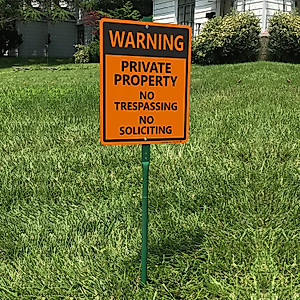 SmartSign "Warning - Private Property, No Trespassing, No Soliciting" LawnBoss® Sign | 10" x 12" Aluminum Sign With 3' Stake