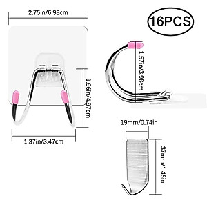16 Pieces Self Adhesive Wall Hooks, FineGood 8 Transparent Dual Heavy Duty Hooks and 8 Stainless Steel Seamless Hooks, for Kitchen Bathroom Waterproof Self Adhesive Wall Hooks