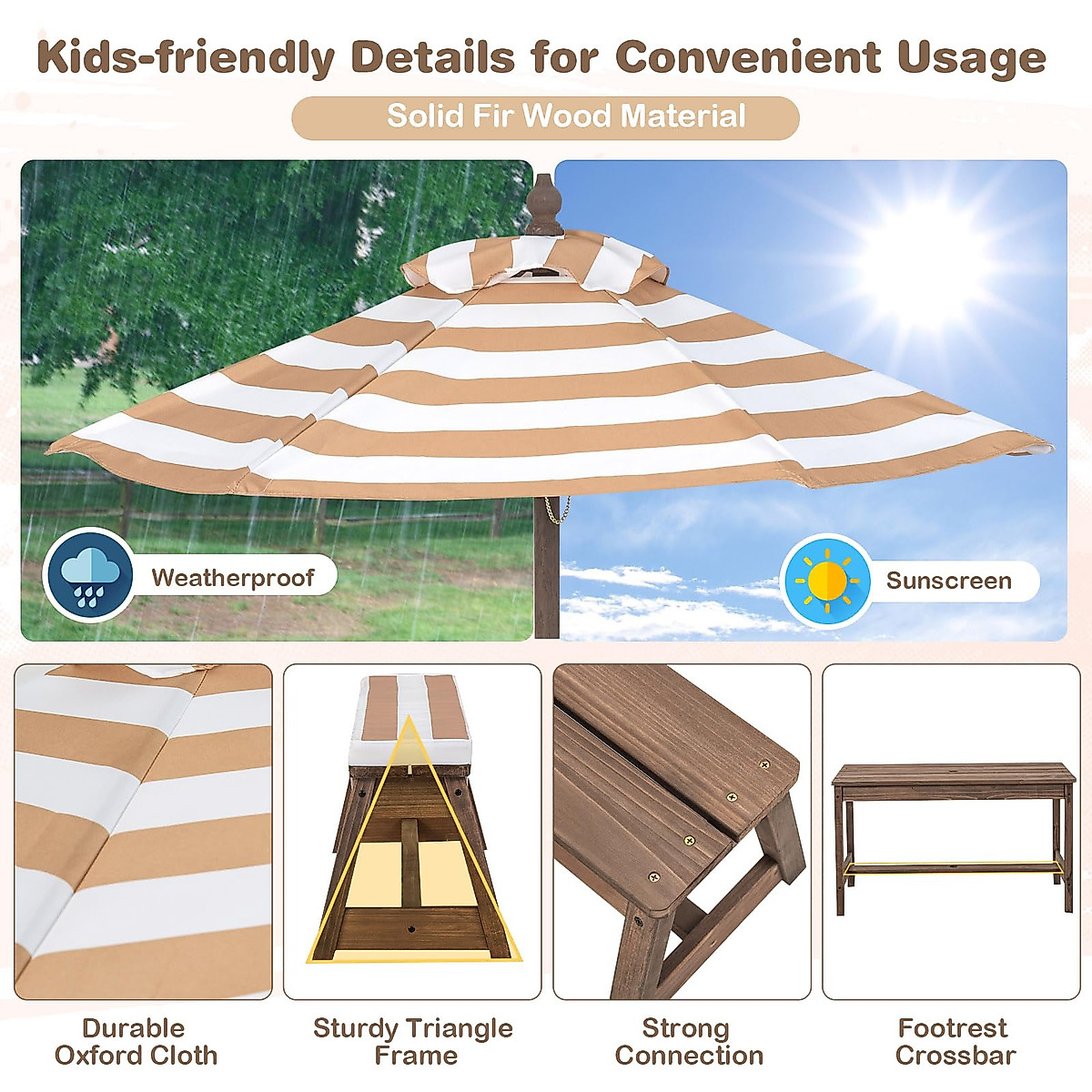 Kids Picnic Table Set with Benches and Umbrella, Foldable Wooden Table and Chair Set for Indoor and Outdoor Use, Playroom Furniture for Toddlers, Children, Baby (Brown)