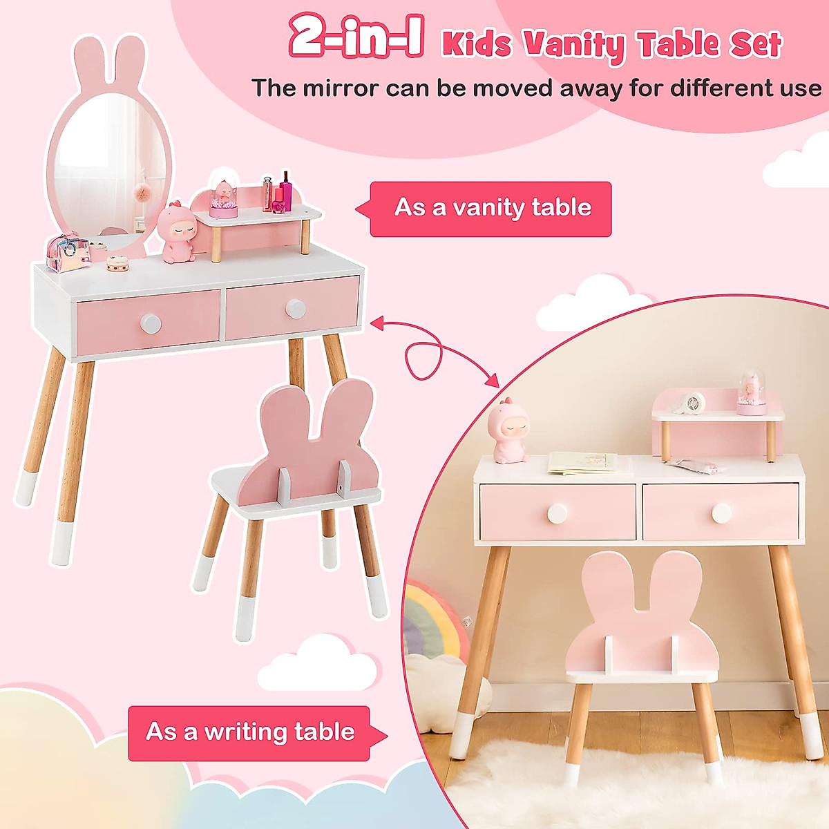 GLACER Kids Vanity Table and Chair Set, Vanity Set with Chair, Removable Mirror, 2 Large Drawers, Storage Shelf and Beech Wood Legs for Girls, Makeup Dressing Table and Chair for Toddlers, Pink