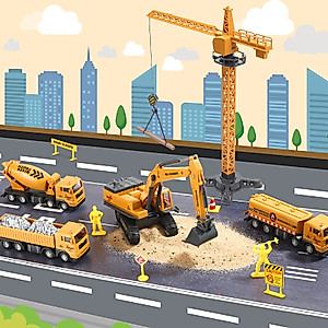 skirtoy Kids Construction Vehicles Playset with Playmat, 18" Crane Toy, 10" Excavator, Tractor, Dump Truck, Cement, 4 Firetrucks, Educational Engineering Toy Set Birthday Gift for Toddler Boy 3+