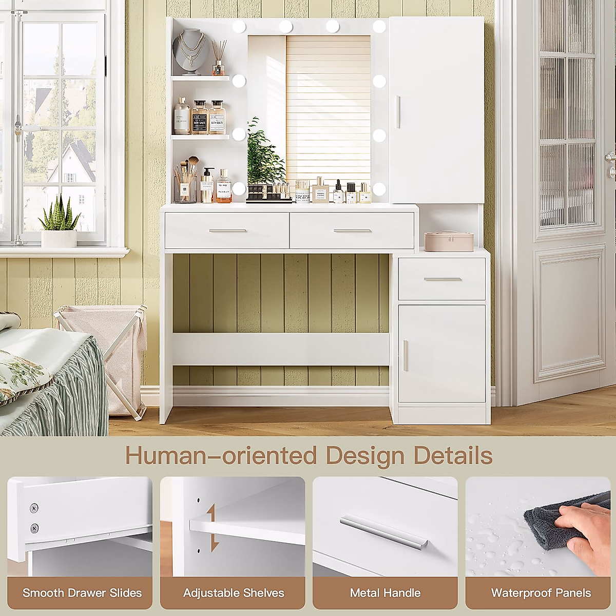 usikey Vanity Desk with Mirror and Lights, Makeup Vanity, Vanity with Jewelry Storage, Makeup Vantity Desk with 3 Drawers, for Women, Girls, Bedroom, White