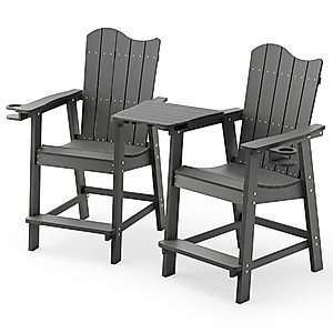 LUE BONA Tall Adirondack Chairs Set of 2 with Removable Table, HDPS Wave Design Poly Adirondack Bar Stools with Cup Holder, 25.6", Heavy Duty Outdoor Bar stools for Balcony, Deck, Backyard,Dark Grey