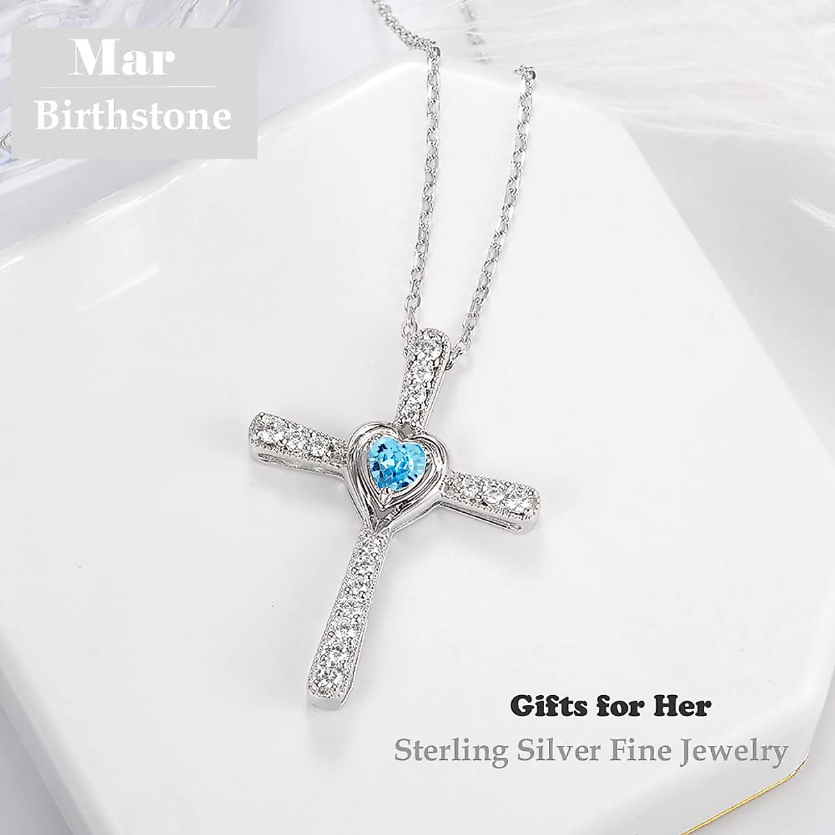 ELDA & CO. March Birthstone Necklace for Women Birthday Gifts Aquamarine Jewelry for Mom Wife Daughter Love Heart Pendant Jewelry Sterling Silver