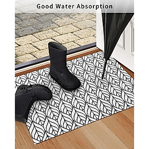 Indoor Outdoor Mats, Black and White Leaf Tile Pattern Door Mat, Non-Slip Absorbent Resist Dirt Entrance Mat Washable Welcome Mats for Entryway, Low-Profile Floor Mats