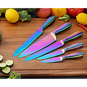WELLSTAR Kitchen Knife Set 5 Piece, Razor Sharp German Stainless Steel Blade and Comfortable Handle with Rainbow Titanium Coated, Chef Carving Bread Utility Paring for Cutting and Peeling, Gift Box