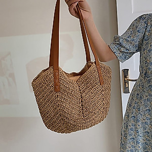 NIBD Hand-woven Soft Large Straw Shoulder Bag Retro Boho Tote Bags Summer Beach Woven bag Rattan Handbag (Brown)