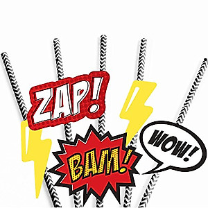Big Dot of Happiness Bam Superhero Paper Straw Decor - Baby Shower or Birthday Party Striped Decorative Straws - Set of 24