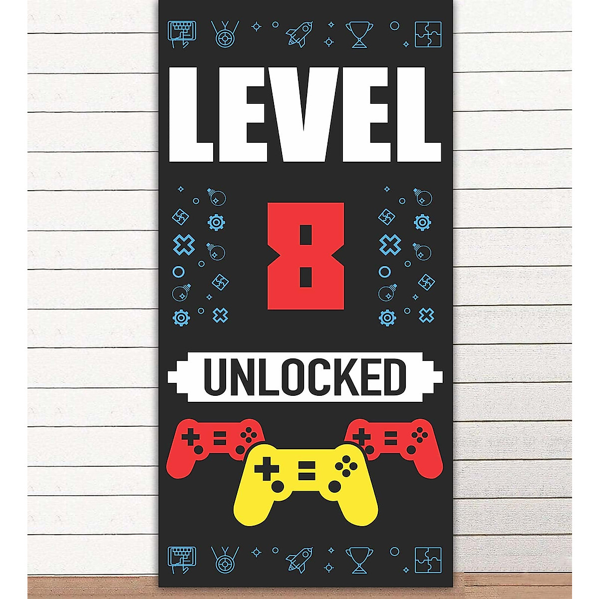 Level 8th Unlocked Happy 8th Birthday Level Up Banner Backdrop Background Photo Booth Props Video Games Gamepad Theme Decor for Boys Girls 8th Birthday Party Favors Supplies Decorations