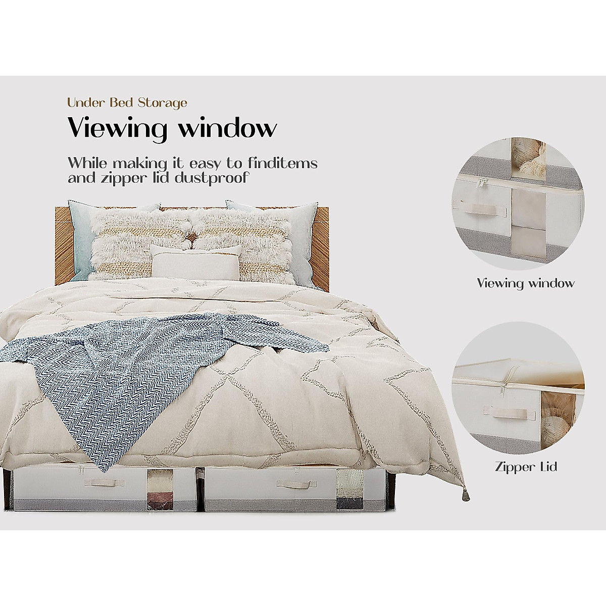 LoforHoney Home Under Bed Storage Containers, Underbed Storage Bins with Clear Window, Under Bed Clothes Storage Box, Foldable Storage Baskets for Organizing, Beige & Gray, 2-Pack, 21.7x16.5x7.1
