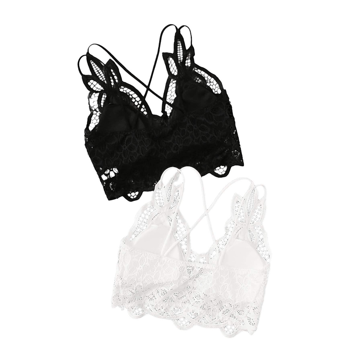 Floerns Women's Sexy Lace V Neck Criss Cross Back Bralette Crop Top Black White S