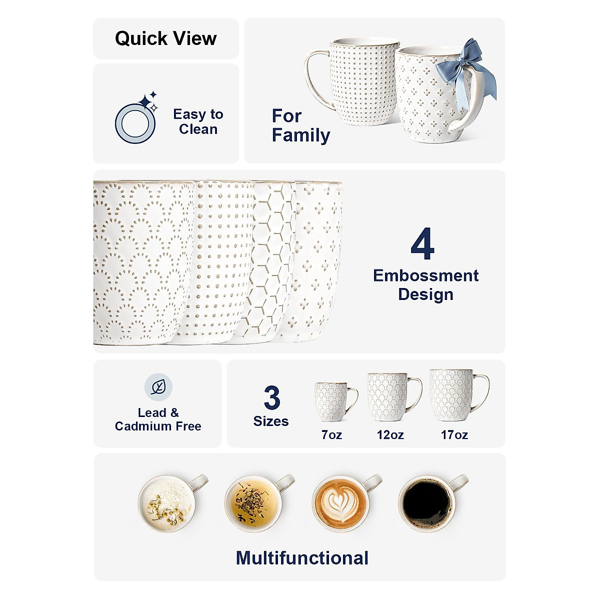 LE TAUCI Coffee Mugs 12 oz, Ceramic Mug Set, Embossment Cups for Latte, Hot Tea, Cappuccino, Mocha, Cocoa，Suit For Housewarming Wedding - 3.4 inch, Set of 4, Arctic White