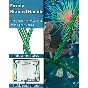 Pawfly 4 & 6 Inch Aquarium Fish Net Set with Braided Metal Handle Square Green Net with Soft Fine Mesh Sludge Food Residue Wastes Skimming Cleaning Net for Fish Tanks Small Koi Ponds and Pools