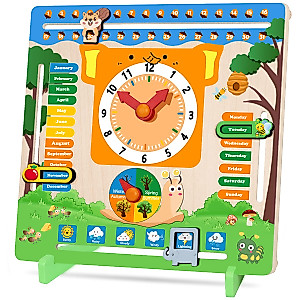 Baisoo Montessori Educational Wooden Toys - Preschool Telling Time Teaching Clock Boys & Girls - Time Calendar Clock for Kids Age 3 4 5 - All About Today Board