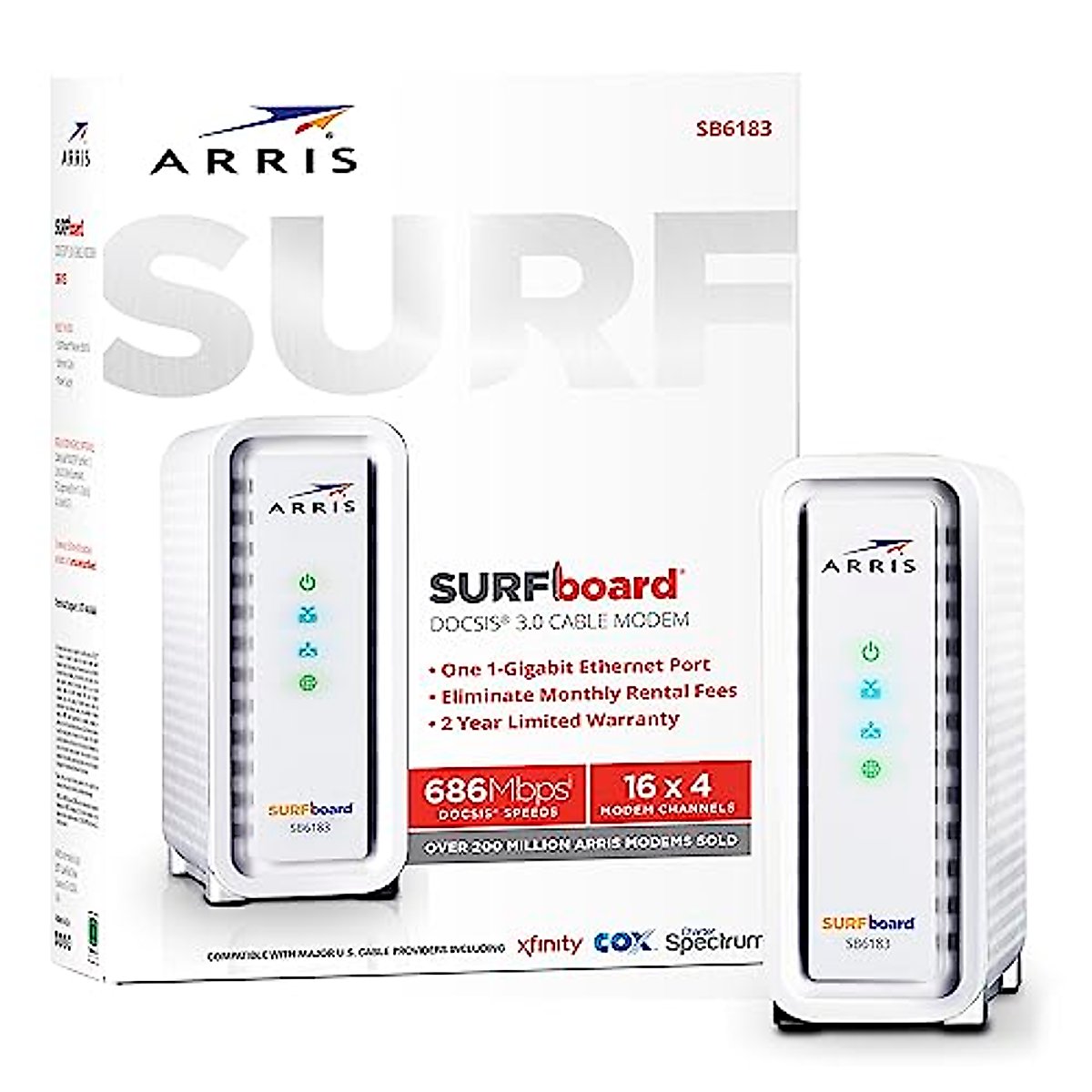 ARRIS SURFboard SB6183-RB DOCSIS 3.0 16x4 Gigabit Cable Modem, Comcast Xfinity, Cox, Spectrum and more, 1 Gbps Port, 400 Mbps Max Internet Speed, Easy Set-up with SURFboard Central App - RENEWED