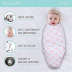 The Peanutshell Swaddle Blankets for Baby Girls, Pink Floral & Stars, 3 Pack Wrap Set, 2 Sizes (Small/Medium)