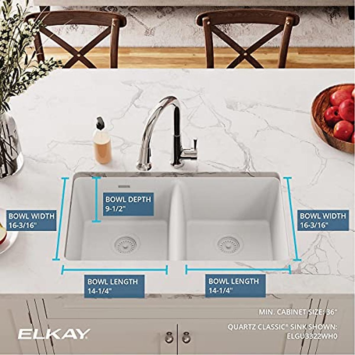 Elkay Quartz Classic ELGU3322WH0 Equal Double Bowl Undermount Sink, White, (Sink Only)