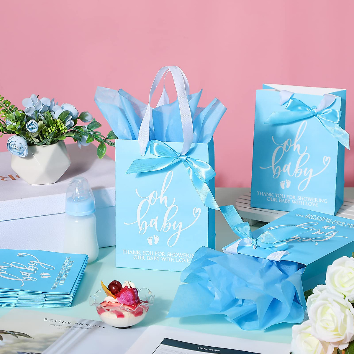 PerKoop 50 Pack Baby Shower Gifts Bag with Tissue Papers Baby Shower Bag with Handle Paper Gift Bag and 50 Sheets Decorative Tissue Paper for Guests Gifts Gender Reveal Baby Shower Favors (Blue)