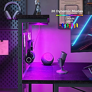 Bestier Gaming Desk with LED Lights, Computer Desk with 4 Tiers Reversible Shelves, 51.3 Inch Home Office Writing Desk with Side Storage Bag, Hooks and Height Adjustable Shelf (Black Grained)
