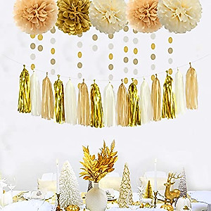 White Gold Champagne Party Decorations - 23pcs Tissue Pom Poms Streamers,Christmas Wedding Engagement Tassel Garland Banner,Bachelorette Neutral Birthday Baby Bridal Shower Decor Lasting Surprise