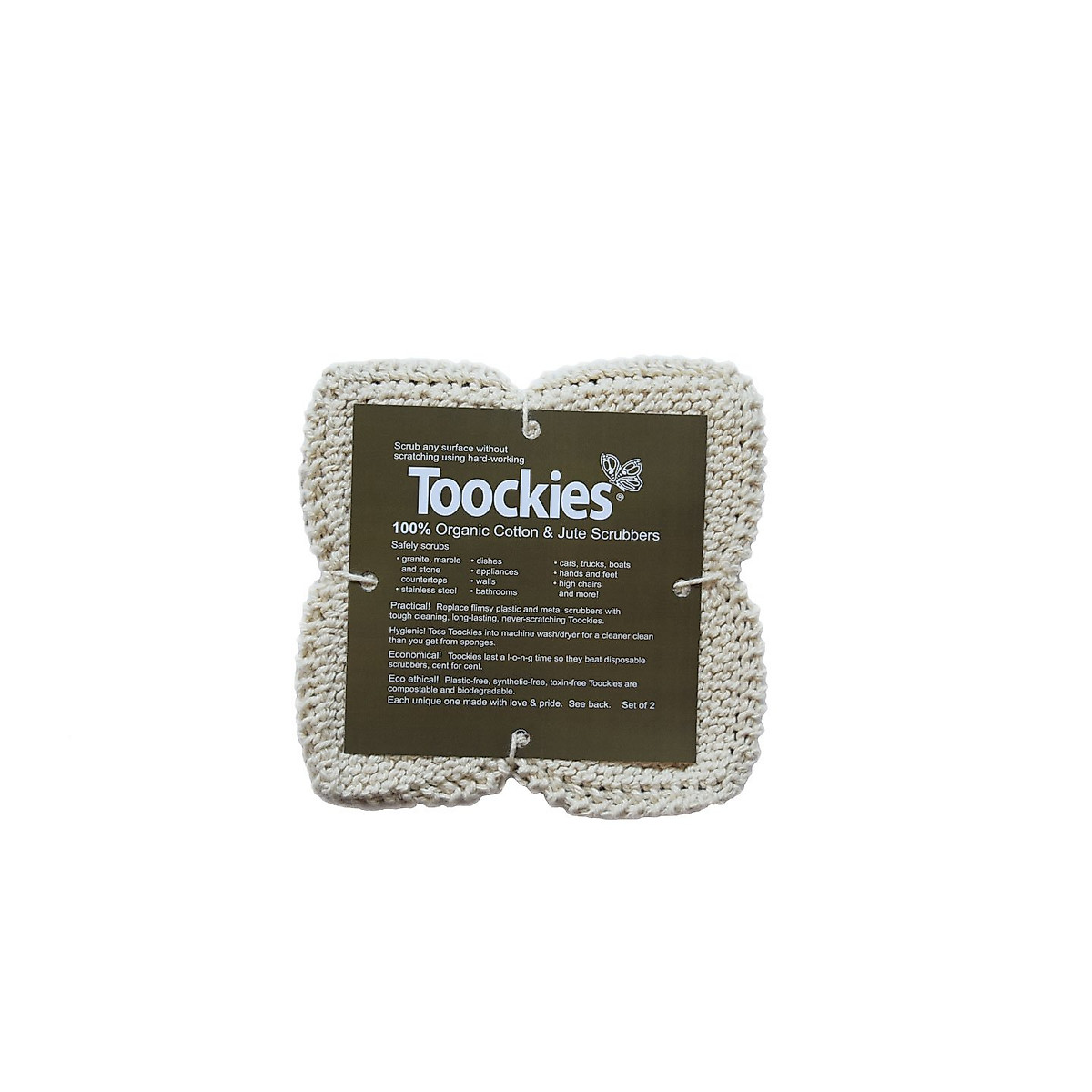 Toockies Hand knit Organic Cotton & Jute Scrub Cloths in Vintage Dish Cloth Pattern- 2 pack