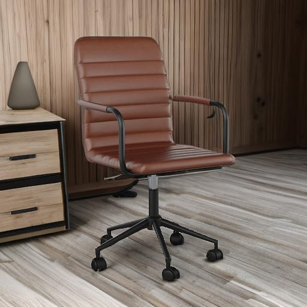 Martha Stewart Taytum Swivel Task Chair with Armrests for Home Office in Saddle Brown Faux Leather with Oil Rubbed Bronze Frame