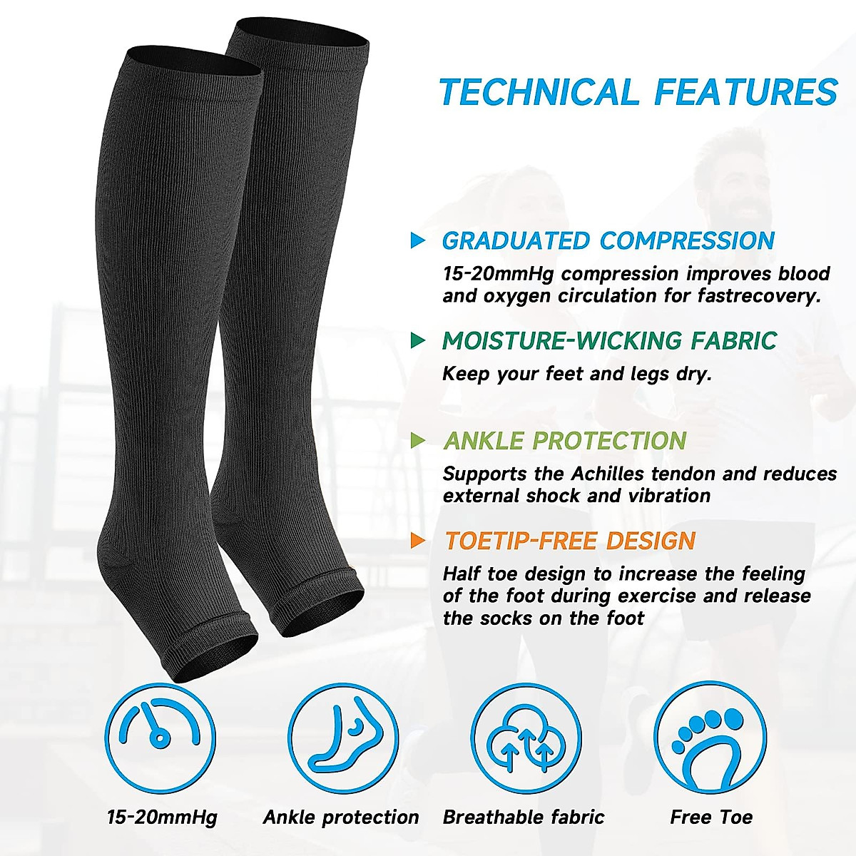 cerpite Open Toe Compression Socks Women & Men-2 Pairs 15-20 mmHg Knee High Stockings for Circulation Support