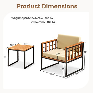 Tangkula 3 Pieces Patio Chair Set, Acacia Wood Outdoor Sofa Set with Metal Support, Soft Seat & Back Cushions Included, Cushioned Bistro Set for Balcony, Porch, Backyard (Beige)