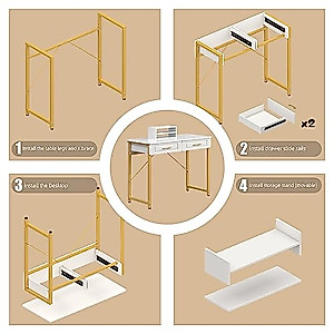 WESTREE Modern Makeup Vanity Desk with Glossy Desktop,Bedroom Home Office Writing Desk with Drawers, Storage Shelf, Gold Metal Frame for Dressing Table Without Mirror