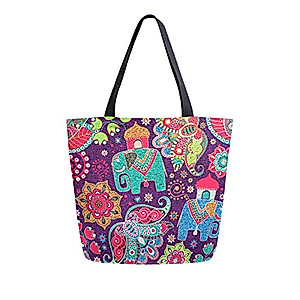 ALAZA Large Canvas Tote Bag Cute Indian Floral Elephant Shopping Shoulder Handbag with Small Zippered Pocket