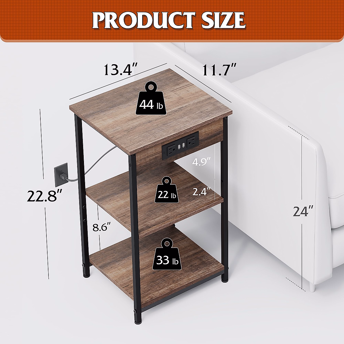 WLIVE Side Table with Charging Station and USB Ports, Small End Tables for Small Spaces, 3-Tier Nightstand with Adjustable Shelf, Bedside Tables, Living Room, Bedroom, Brown