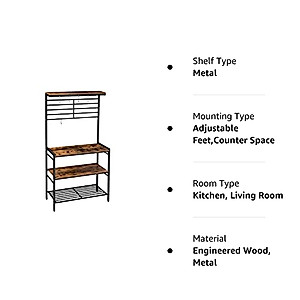 HOOBRO Bakers Rack, Microwave Stand, Kitchen Storage Shelf Rack with Hooks, Coffee Bar, 4 Shelves and Mesh Panel, Adjustable Feet, for Kitchen, Living Room, Coffee Station, Rustic Brown BF01HB01