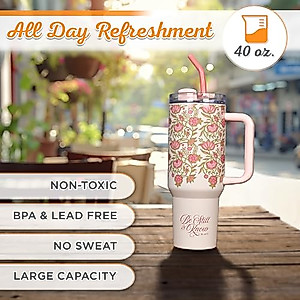 Christian Art Gifts Extra Large Stainless Steel Double Wall Vacuum Insulated Travel Tumbler for Women: Be Still Inspirational Scripture, Lid, Reusable Straw, Wide Handle, White & Pink Floral, 40 oz.