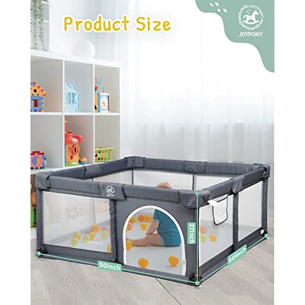 Joypony Baby Playpen, (50x50x27inch) Large Playpen for Babies and Toddlers, Sturdy Safety Play Yard for Infant, Indoor & Outdoor Play Pen with Gate, Baby Fence with Soft Breathable Mesh, Hand Rings
