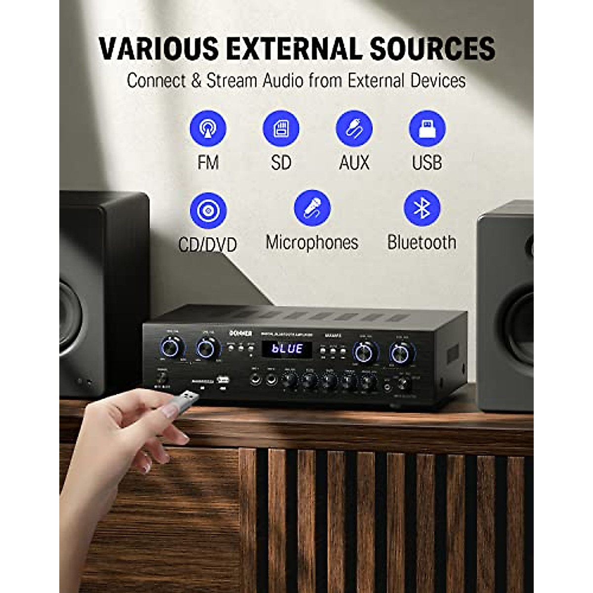 Donner Bluetooth 5.0 Stereo Audio Amplifier Receiver, 4 channel, 440W Peak Power Home Theater Stereo Receiver USB, SD,FM, 2 Mic IN Echo, RCA, LED, Speaker Selector For Studio, Home-MAMP5