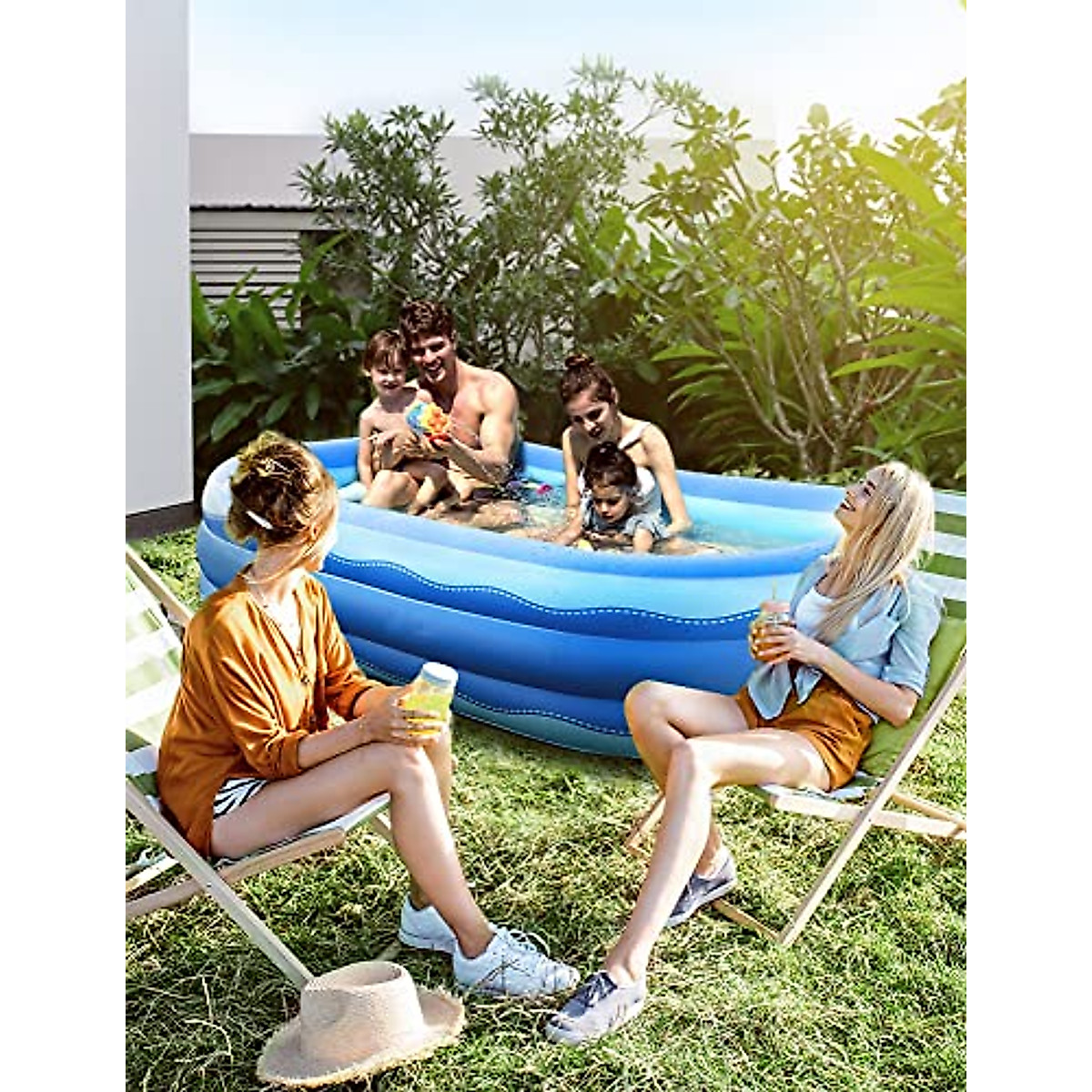 Inflatable Swimming Pool, Rectangle Above Ground Family Blow Up Pool, Swimming Pool for Kiddie Adults, Large Full-Sized Thickened Plastic Pool for Garden Backyard Outdoor (92 inx 56inx 20in)