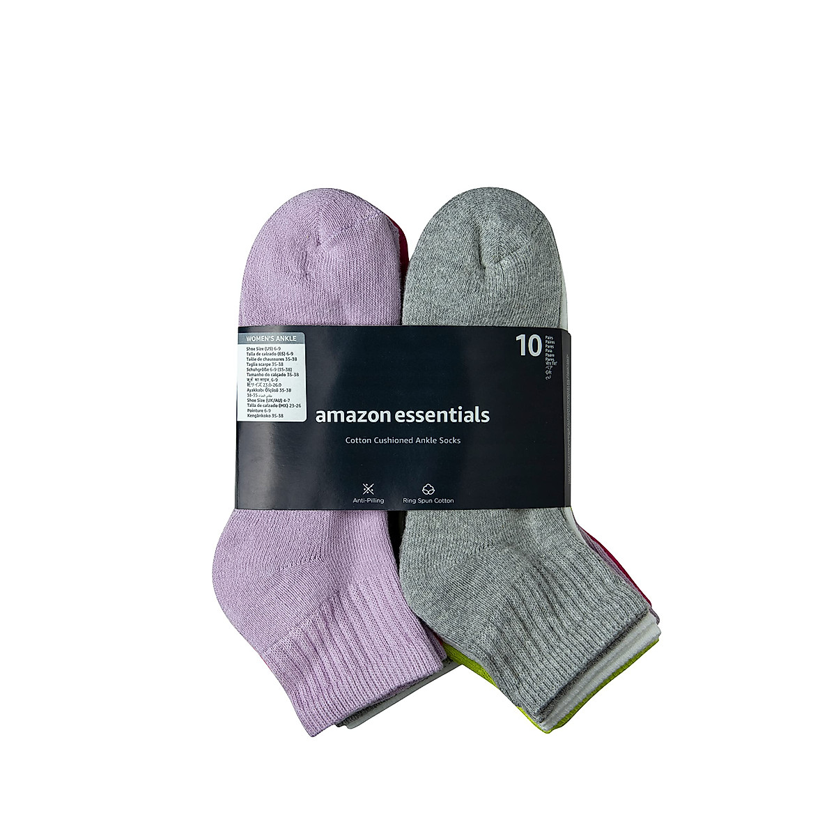 Amazon Essentials Women's Cotton Lightly Cushioned Ankle Socks, 10 Pairs, Pink/Grey/White, 8-12