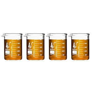 EISCO 4PK Lab Beaker Shot Glasses, 1.6oz / 50mL - Borosilicate Glass - Chemistry Shot Glasses, Chemistry Gifts Labs