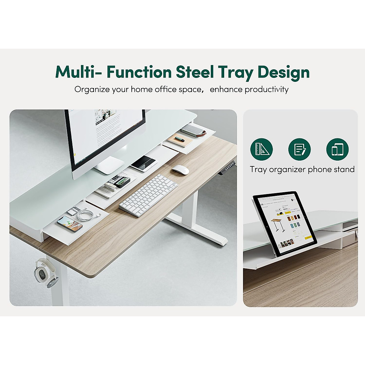 FEZIBO Electric Standing Desk with Glass Top Monitor Stand,55 x 26 Inch Adjustable Sit Stand Up Table with Double Drawer, Sit Stand Desk with Storage Shelf, White Frame/Light Walnut Top