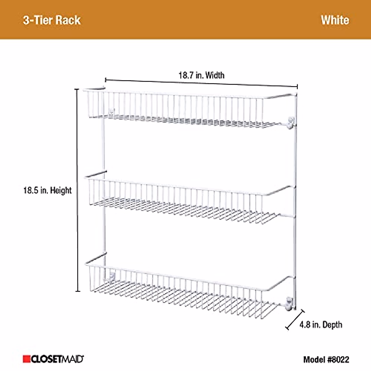 ClosetMaid 3-Tier Hanging Wall Mounted Metal Rack for Spices, Shelf Storage, Pantry Organization, Laundry, Kitchen, Bathroom, White, 8022 , 18-Inch Wide
