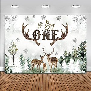 Mocsicka Deer 1st Birthday Backdrop Advenrture Winter Forest Deer Party Decoration The Big One Deer Antlers Rustic 1st Birthday Banner Bakground (Green, 7x5ft(82x60 inch))