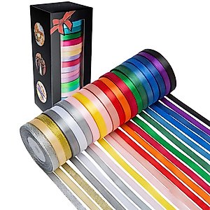 LIUYAXI 300 Yard Satin Ribbon -18 Silk Ribbon Rolls & 2 Glitter Metallic Ribbon Rolls, 2/5" Wide 15 Yard/Roll, Ribbons Perfect for Gift Wrapping, Wedding, Party Decoration and More