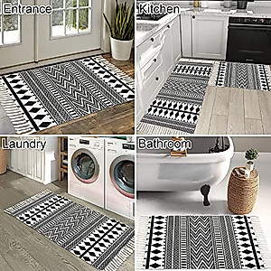 HEBE Cotton Area Rug Set 2 Piece 2'x3'+2'x4.2' Black and Cream Tribal Accent Rug with Tassels Boho Area Runner Rugs Throw Rug for Hallway, Entryway, Bathroom,Kitchen Floor, Laundry Room