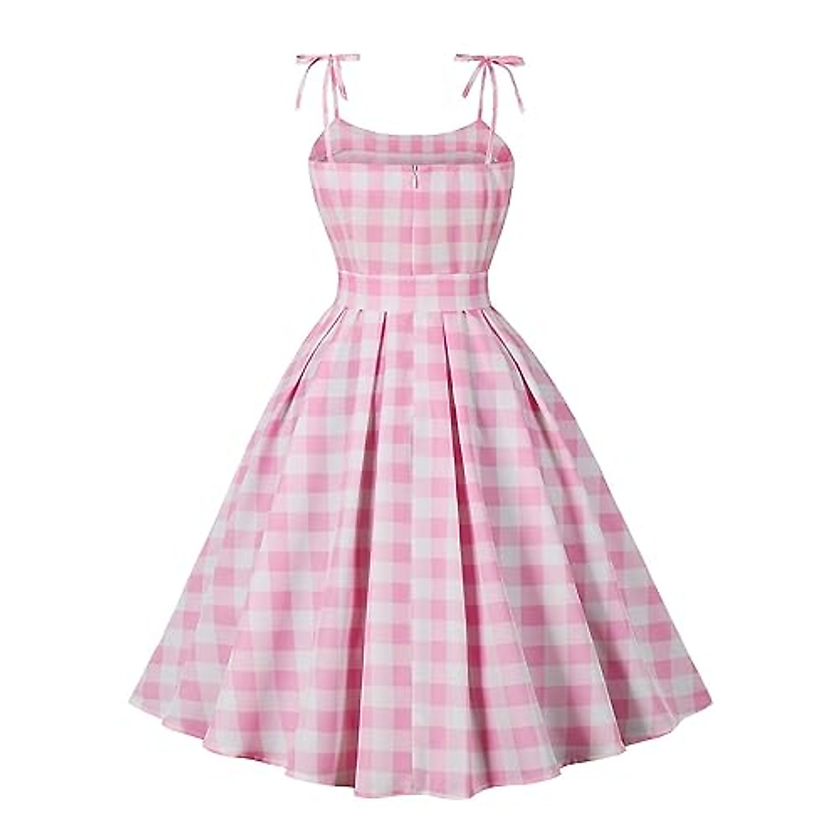 Nihsatin Barbie Pink Swing Dress Tie Shoulder Plaid Printed Knot Waist Dress