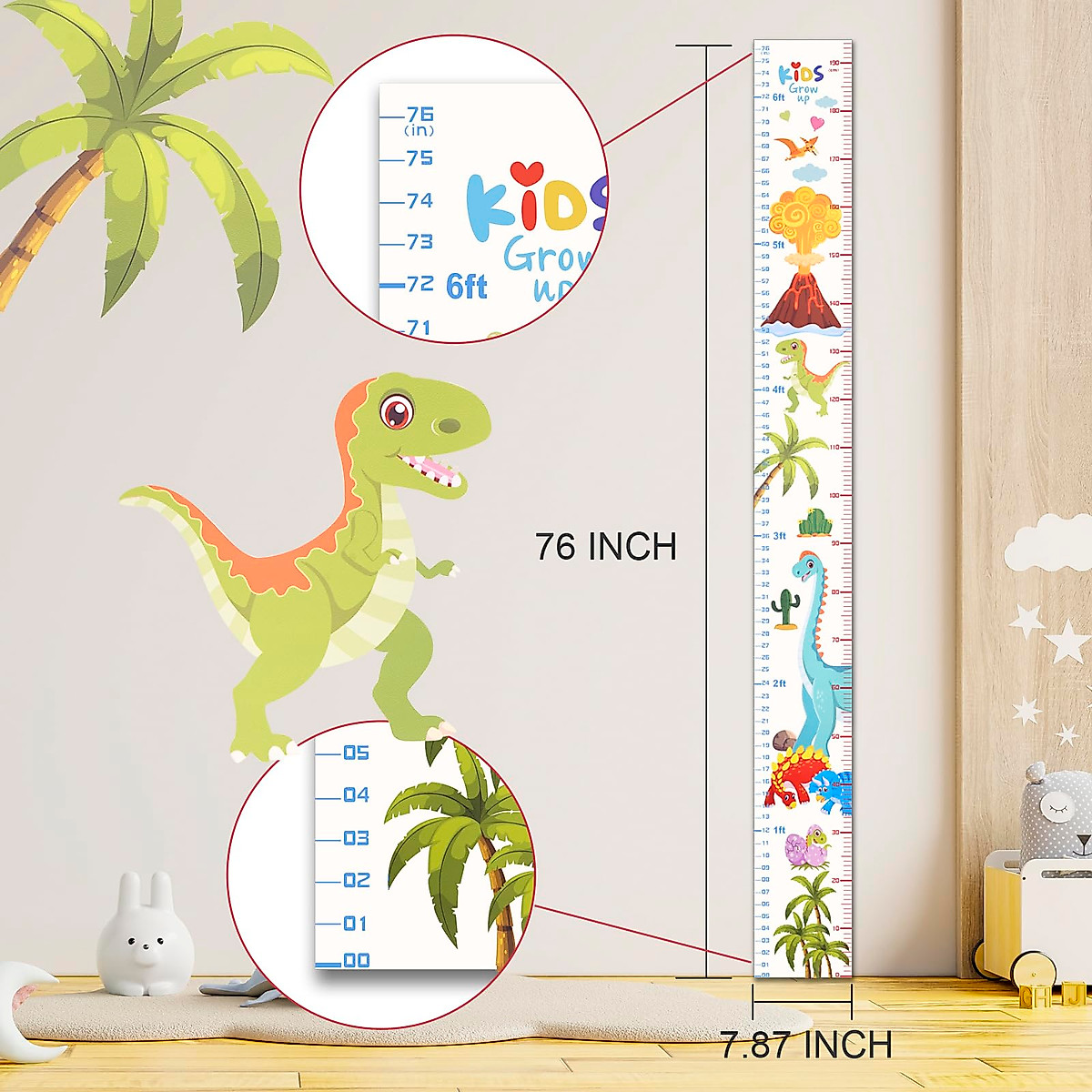 Eichzer Baby Height Growth Chart, Premium Handing Ruler Home Nursery Wall Decor for Kids, 76" x 8" Growth Tracker for Children Height Record, Boys & Girls Playroom Decoration Sticker (Dinosaur)