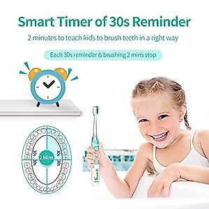 SEAGO Electric Toothbrush Children from 3-12 Years Kids Toothbrushes Electric with Colored Light Smart Timer 3 Soft Brush Heads Waterproof Baby Sonic Toothbrush for Girls Boys SG-977 (Green)