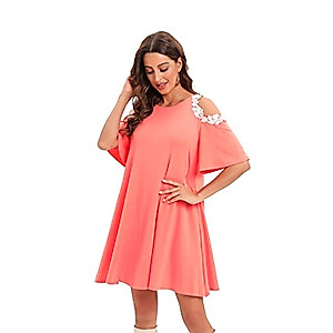 Aofur Summer Cotton Lace Dress Ladies 2023 Cold Sleeve Casual Plus Size S-XXXL Sundress Women Solid Elegant Party Dress(XX-Large,Light Red)