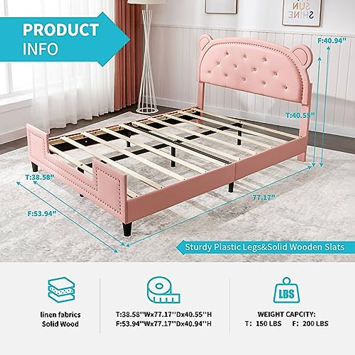CECER Twin Bed Frames for Kids, Pink Children Platform Bed, Kid Bed Frame with Bear Shaped Headboard, Faux Leather Upholstered, Rivet Decoration, Wood Slats, No Spring Box Needed