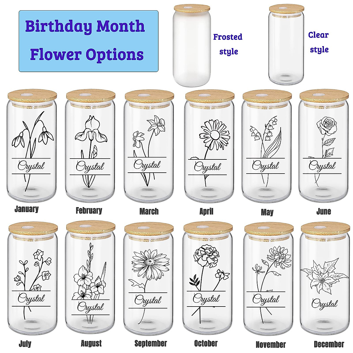 Personalized Glass Cups with Bamboo Lids and Straws Custom Name Photo Sublimation Drinking Glass Can Tumbler 16oz Customized Ice Coffee Cup Gift for Birthday Wedding Graduation Anniversary Party